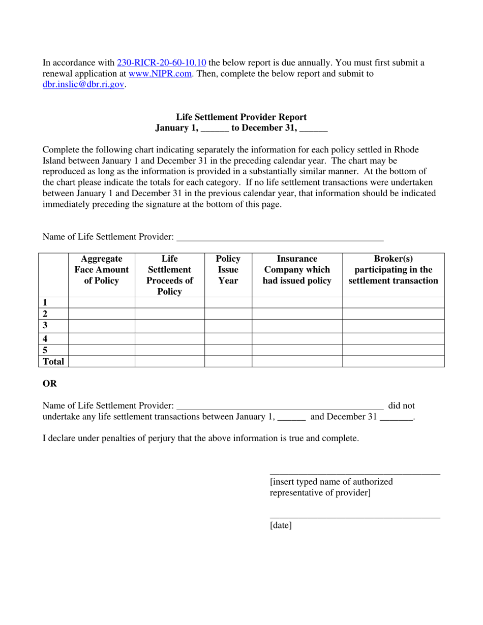 Rhode Island Life Settlement Provider Report Form - Fill Out, Sign ...