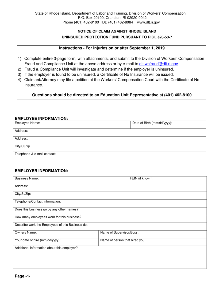 Rhode Island Notice of Claim Against Rhode Island Uninsured Protection ...
