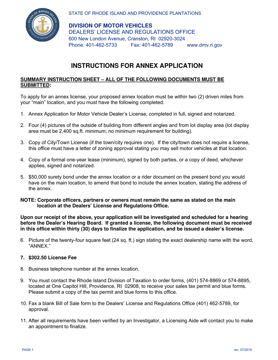 Rhode Island Annex Application for Motor Vehicle Dealer's License ...