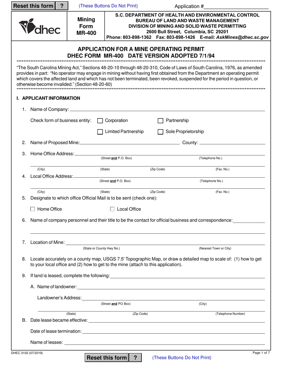 Form MR-400 (DHEC Form 3102) - Fill Out, Sign Online and Download ...