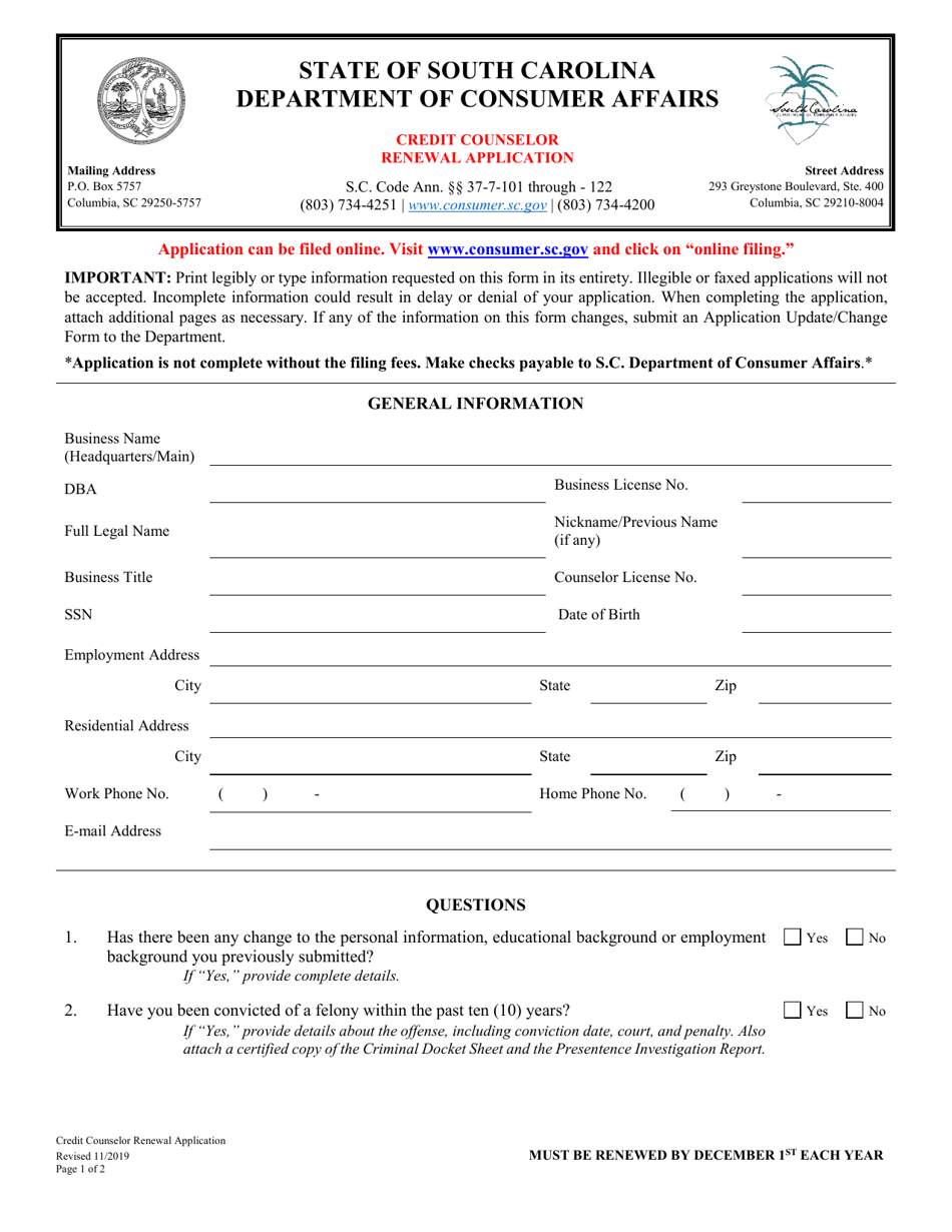 South Carolina Credit Counselor Renewal Application - Fill Out, Sign Online and Download PDF ...