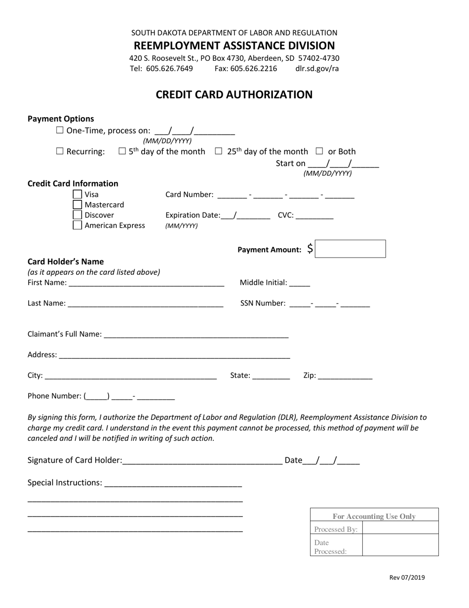South Dakota Credit Card Authorization - Fill Out, Sign Online and ...