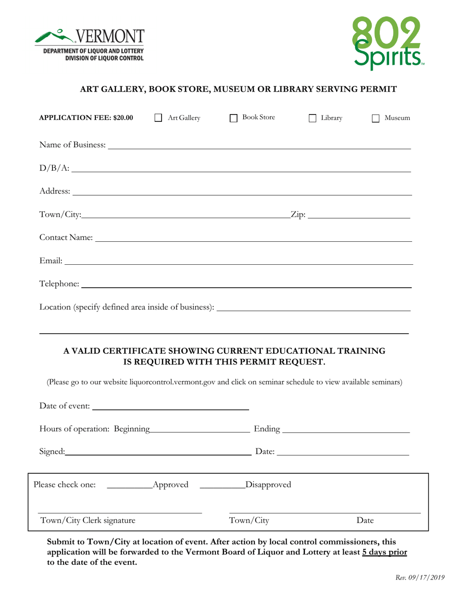 Vermont Art Gallery, Book Store, Museum or Library Serving Permit ...