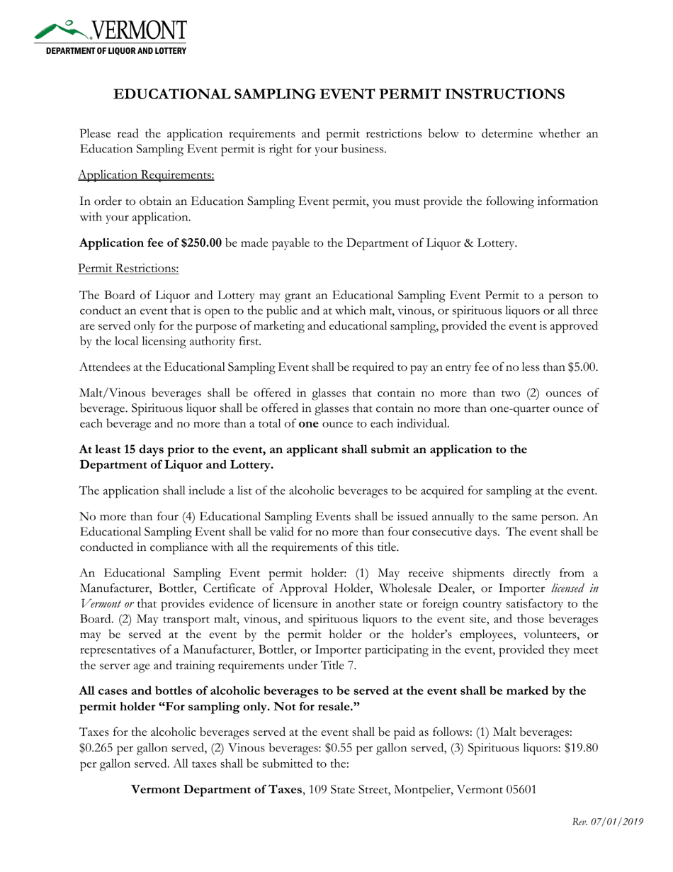 Vermont Educational Sampling Event Permit Application - Fill Out, Sign ...