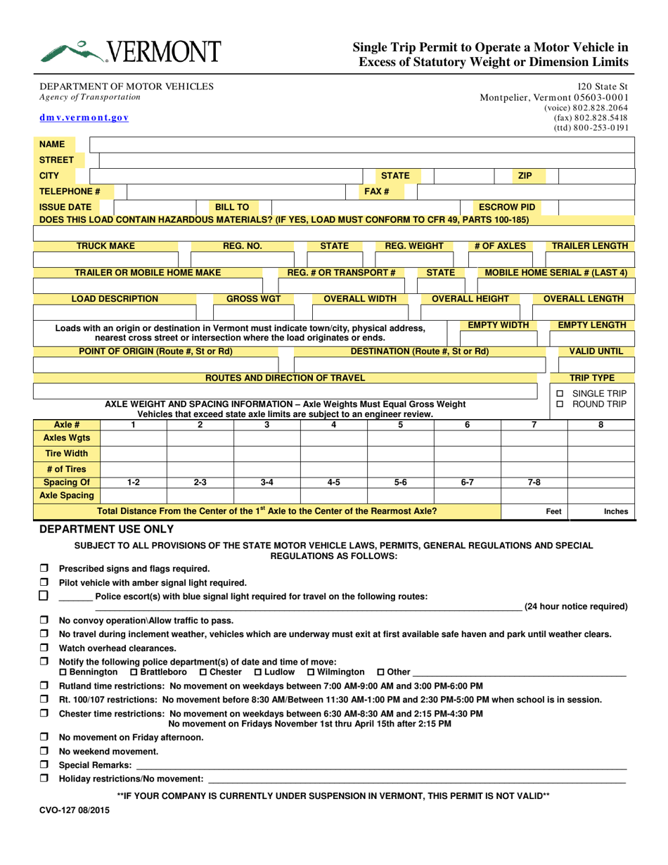 Form CVO-127 - Fill Out, Sign Online and Download Fillable PDF, Vermont ...
