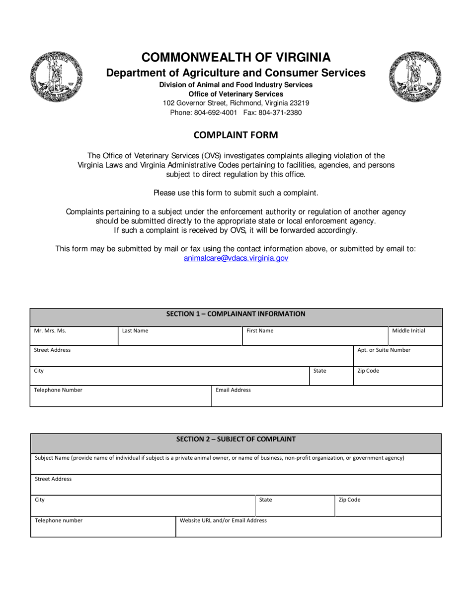 Virginia Complaint Form - Fill Out, Sign Online and Download PDF ...