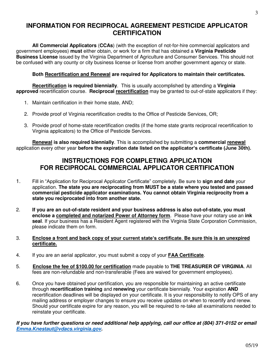 Virginia Application for Reciprocal Pesticide Applicator Certificate ... Virginia Application for Reciprocal Pesticide Applicator Certificate ...
