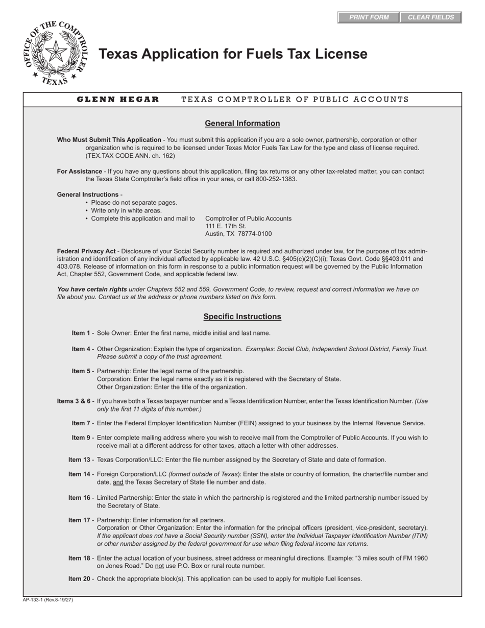 Form AP-133 Download Fillable PDF or Fill Online Texas Application for ...