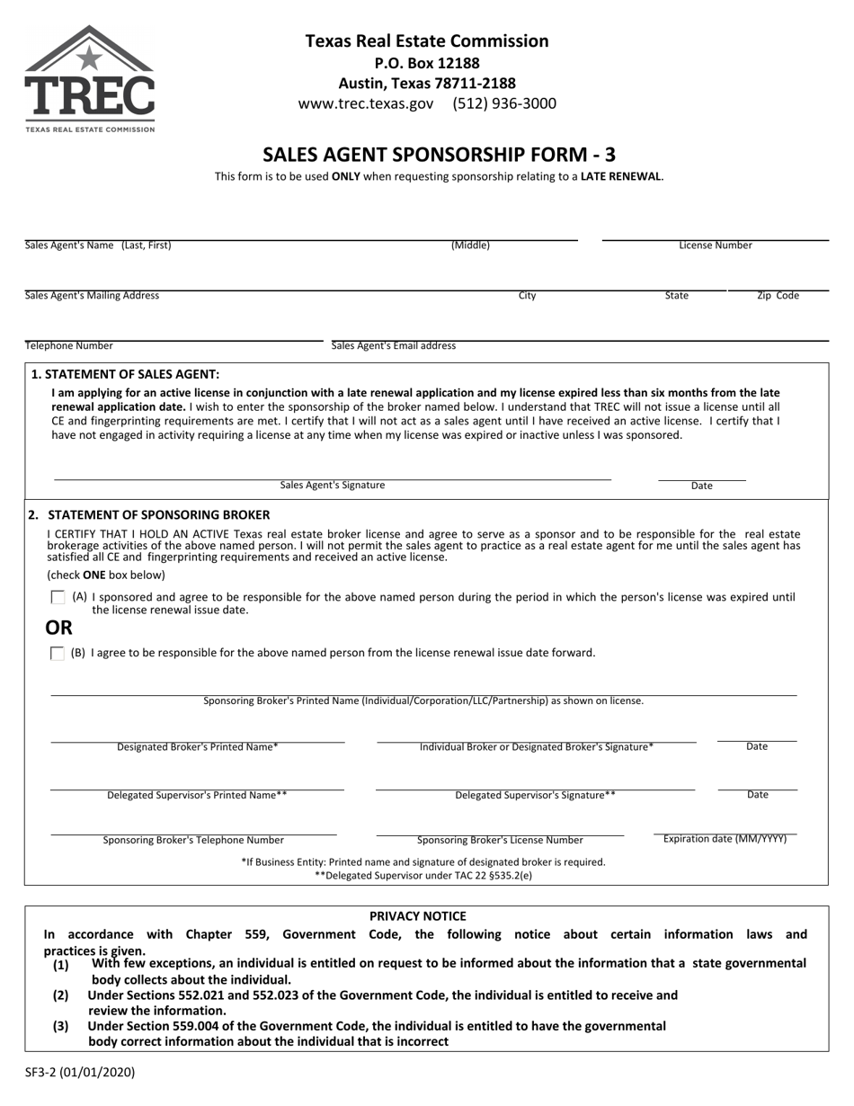 Form SF3-2 Download Fillable PDF or Fill Online Sales Agent Sponsorship ...