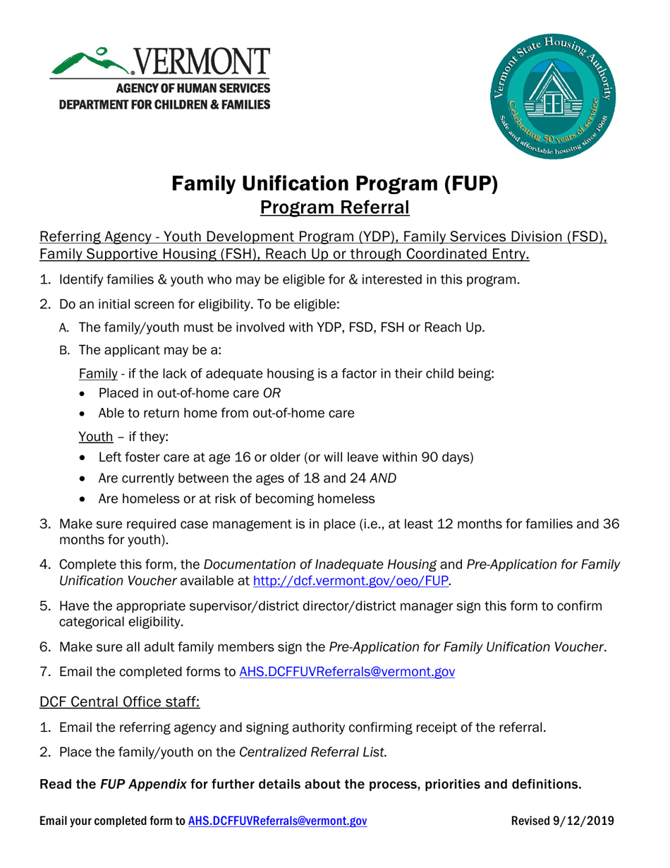 Vermont Family Unification Program Referral Form - Fill Out, Sign ...