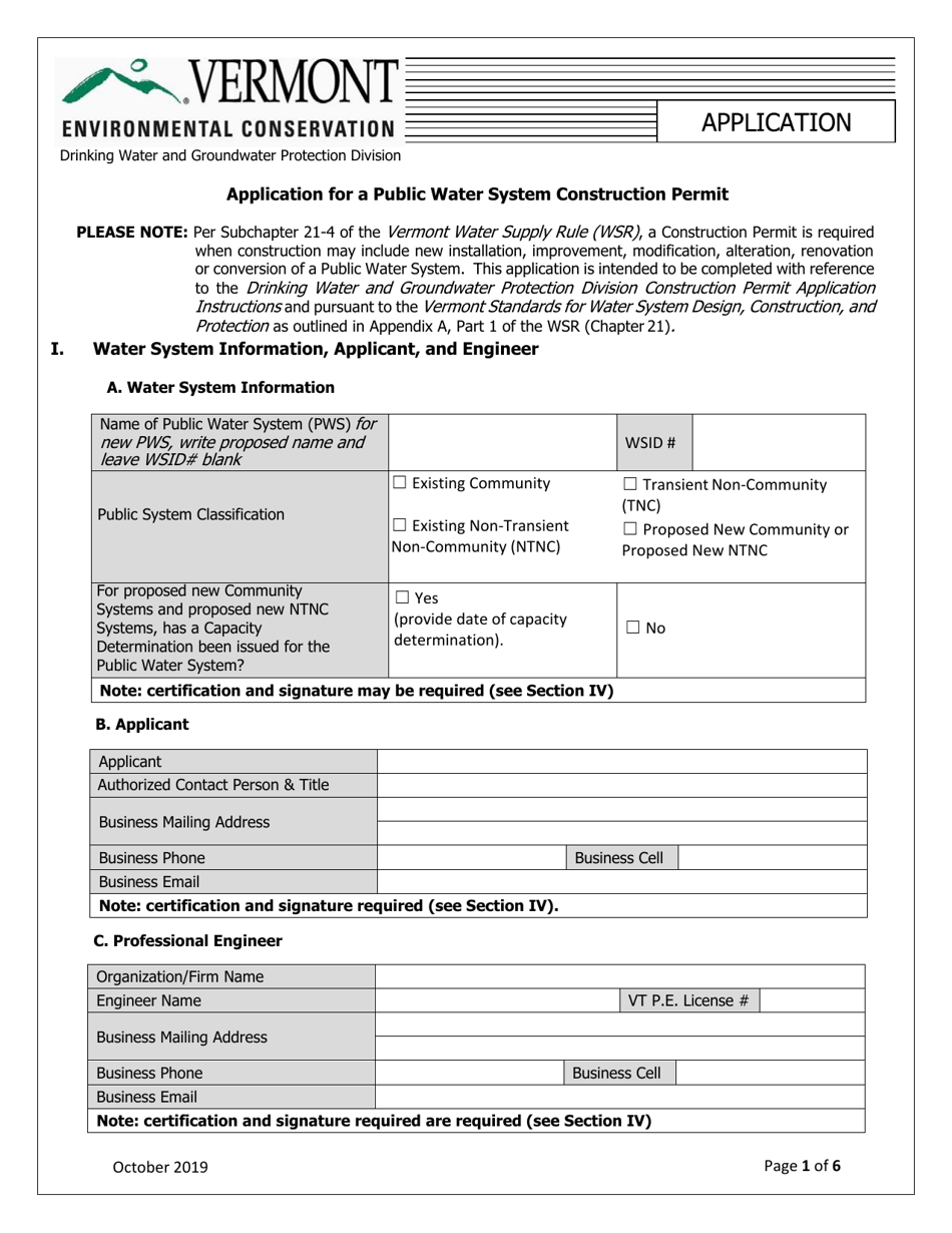 Vermont Application for a Public Water System Construction Permit ...