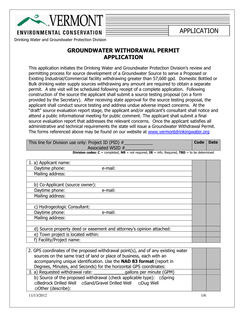 Vermont Groundwater Withdrawal Permit Application - Fill Out, Sign ...