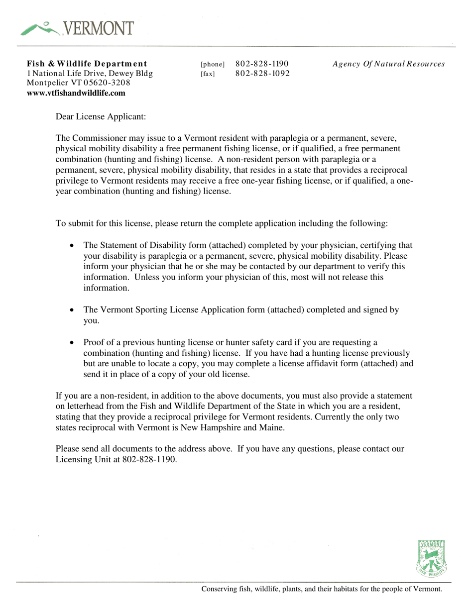 Vermont Statement Of Disability To Qualify For A Paraplegic Or Mobility 