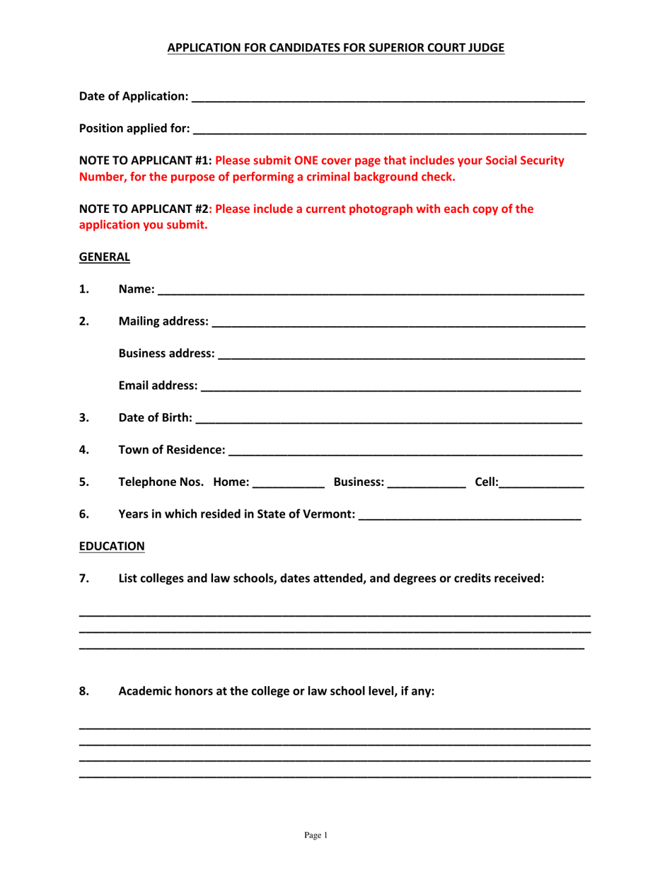 Vermont Application for Candidates for Superior Court Judge - Fill Out ...