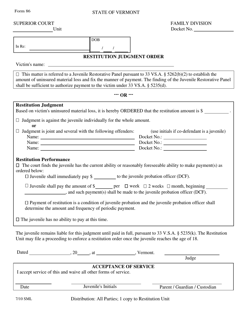 Form 86 - Fill Out, Sign Online and Download Fillable PDF, Vermont ...