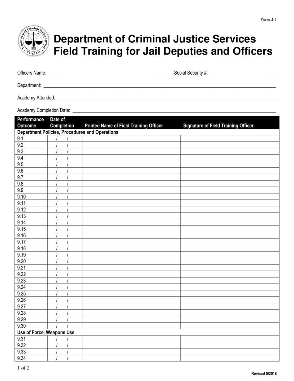 Form J-1 Download Printable PDF or Fill Online Field Training for Jail ...