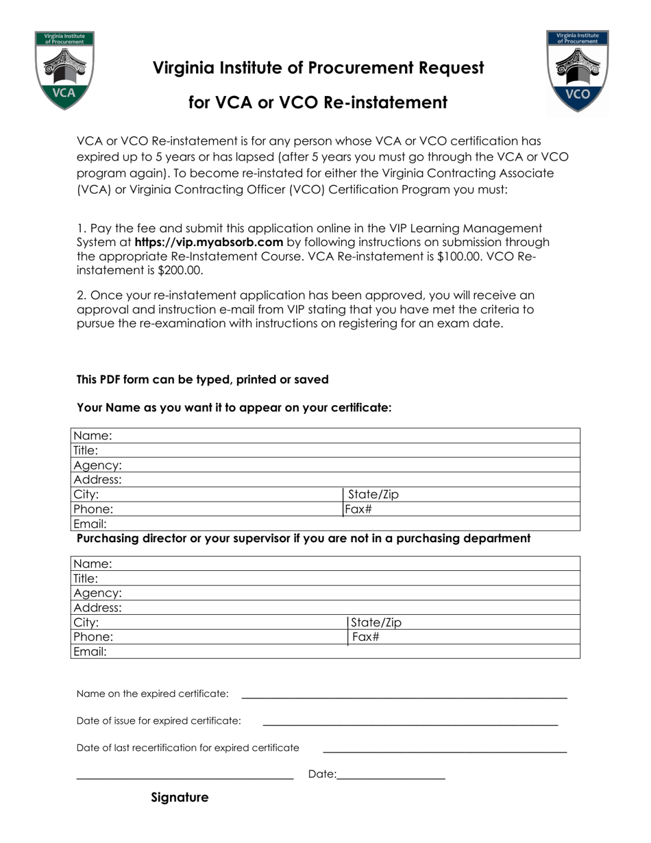 Virginia Virginia Institute of Procurement Request for Vca or Vco Re ...