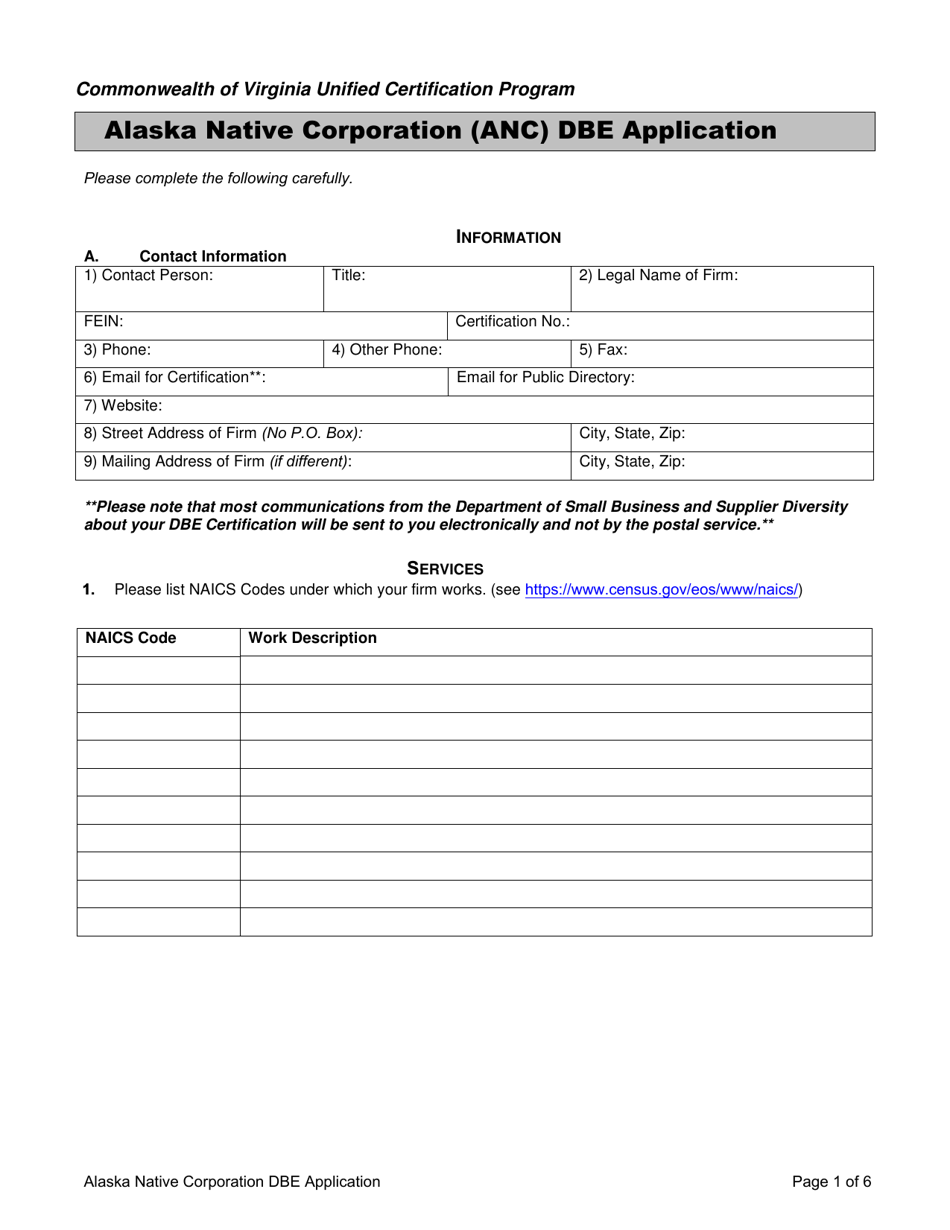 Virginia Alaska Native Corporation (Anc) Dbe Application - Fill Out ...