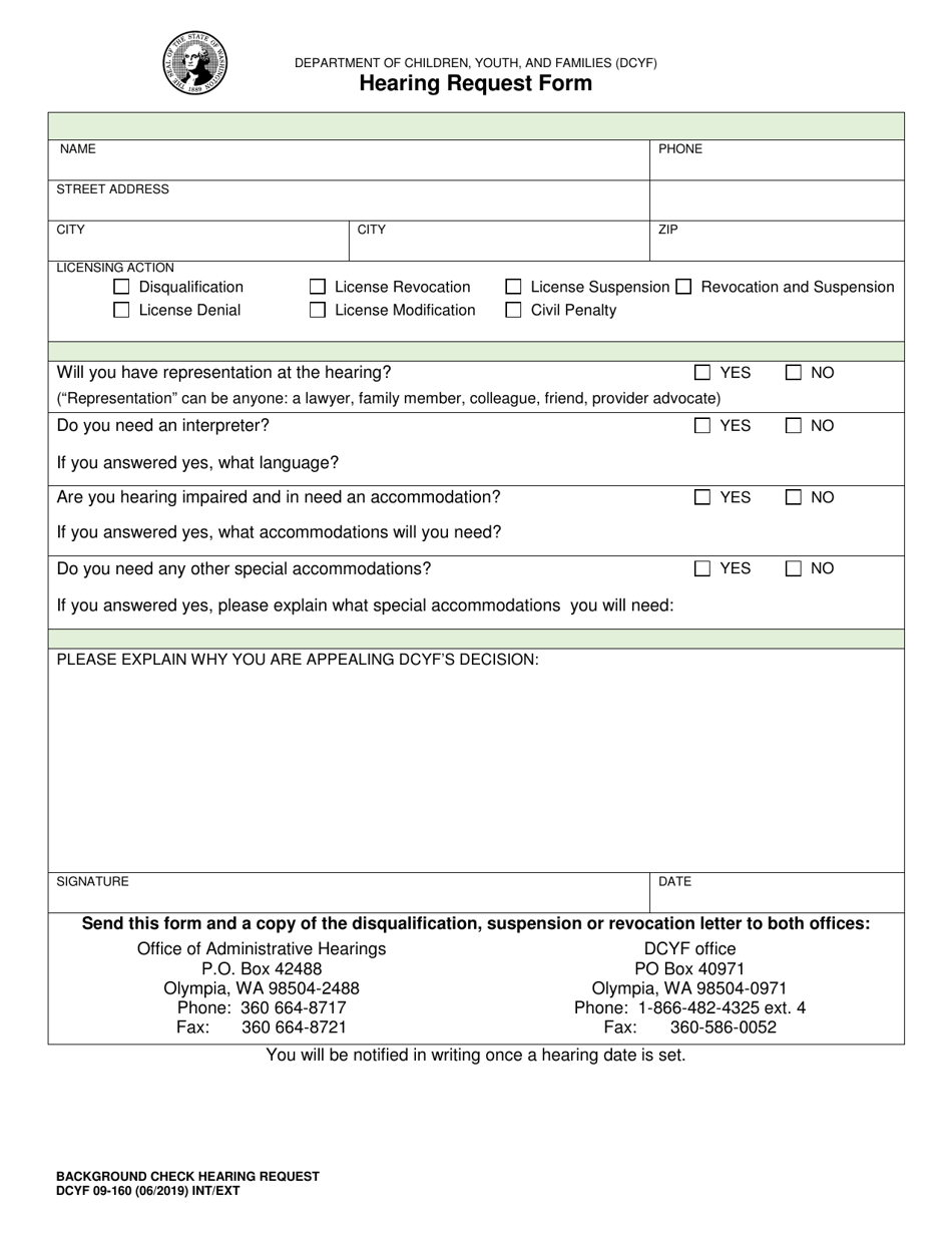 DCYF Form 09-160 - Fill Out, Sign Online and Download Fillable PDF ...