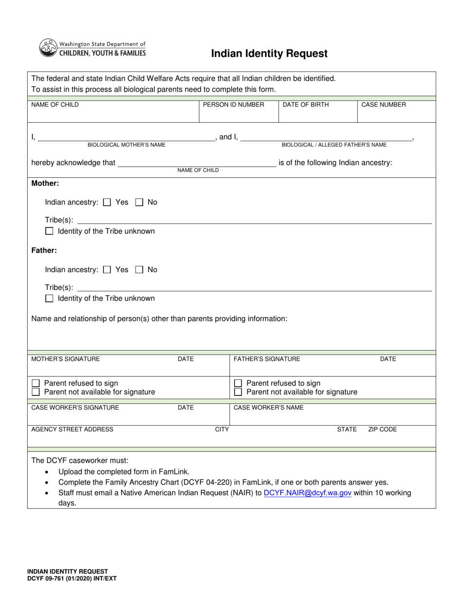 DCYF Form 09-761 Download Fillable PDF or Fill Online Indian Identity ...