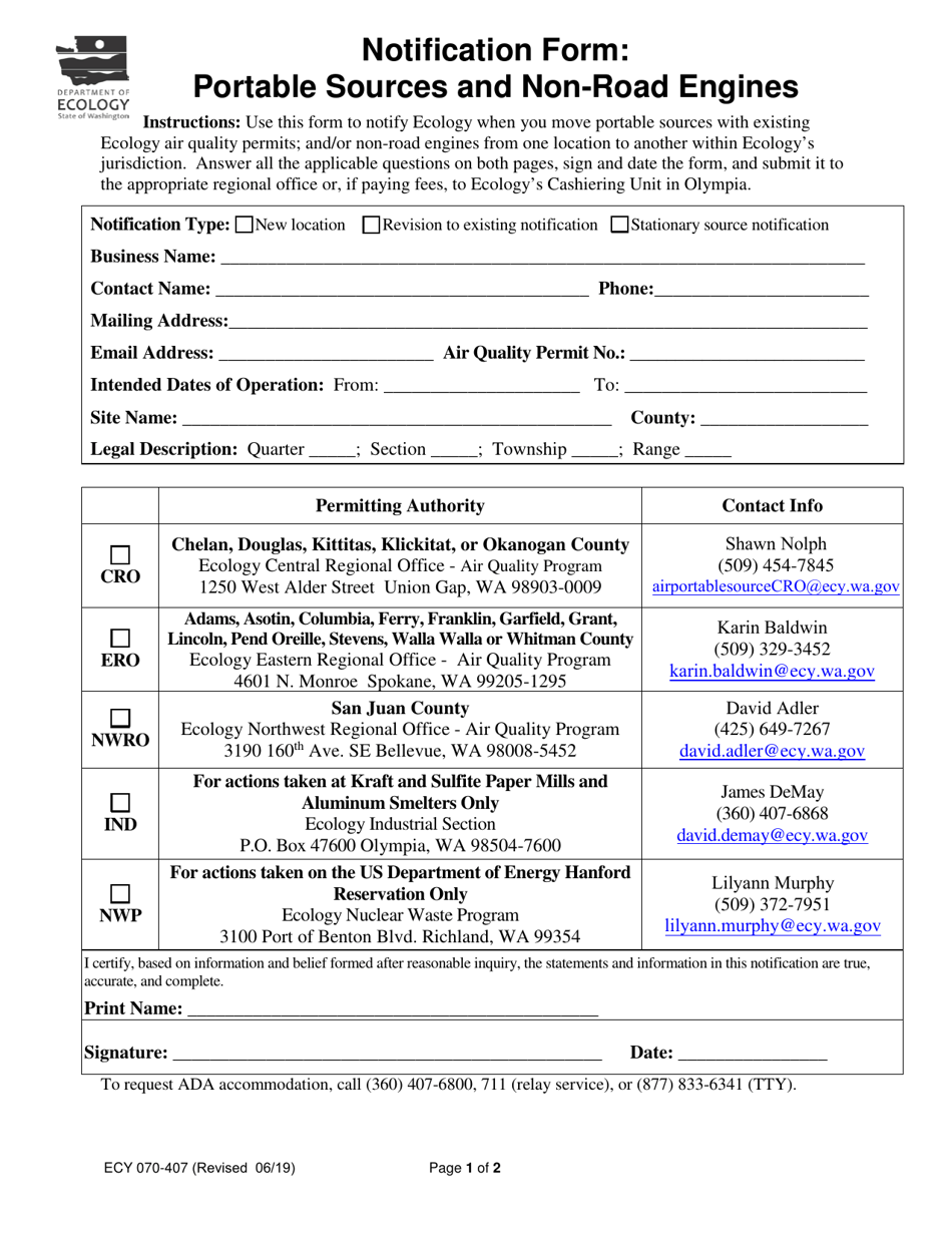 ECY Form 070-407 - Fill Out, Sign Online and Download Fillable PDF, Washington | Templateroller
