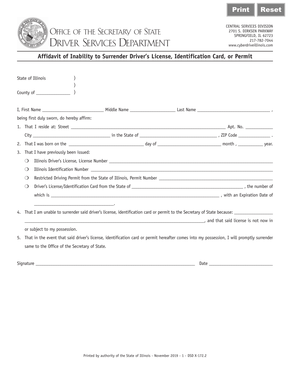 Illinois Affidavit of Inability Surrender Driver's License ...