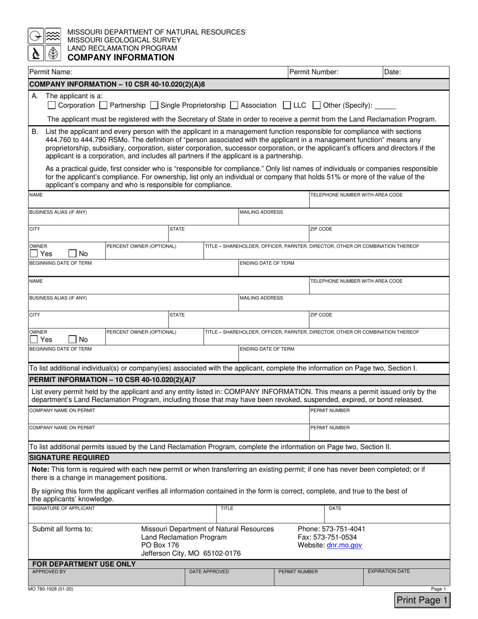 Form MO780-1928 Download Fillable PDF or Fill Online Company ...