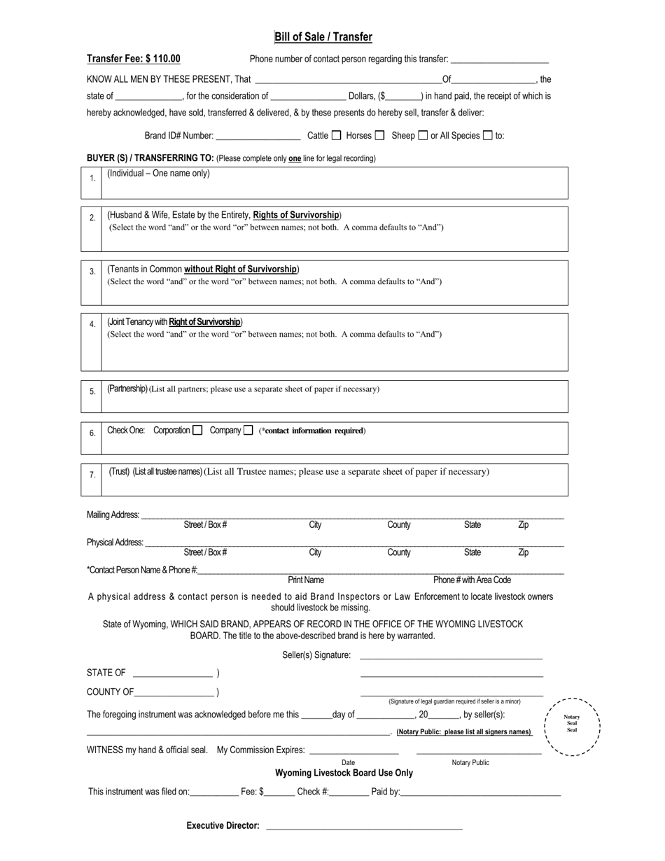 Wyoming Livestock Bill of Sale/Transfer - Fill Out, Sign Online and ...