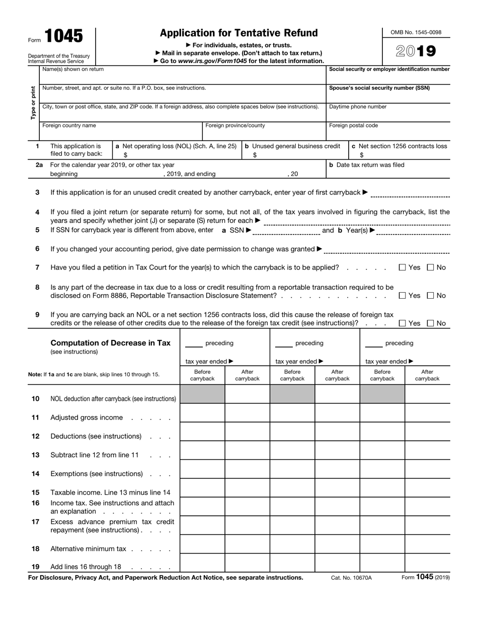 IRS Form 1045 - 2019 - Fill Out, Sign Online and Download Fillable PDF ...