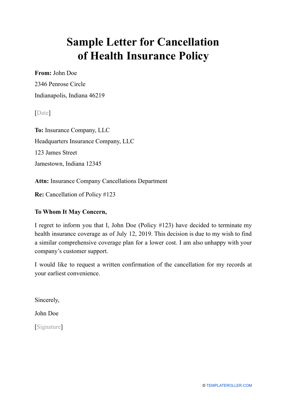 Sample Letter For Cancellation Of Health Insurance Policy Fill Out