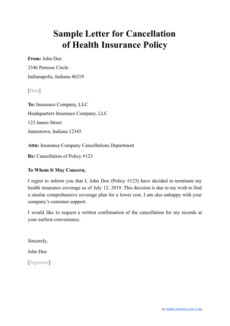 Sample Letter For Cancellation Of Health Insurance Policy Download 