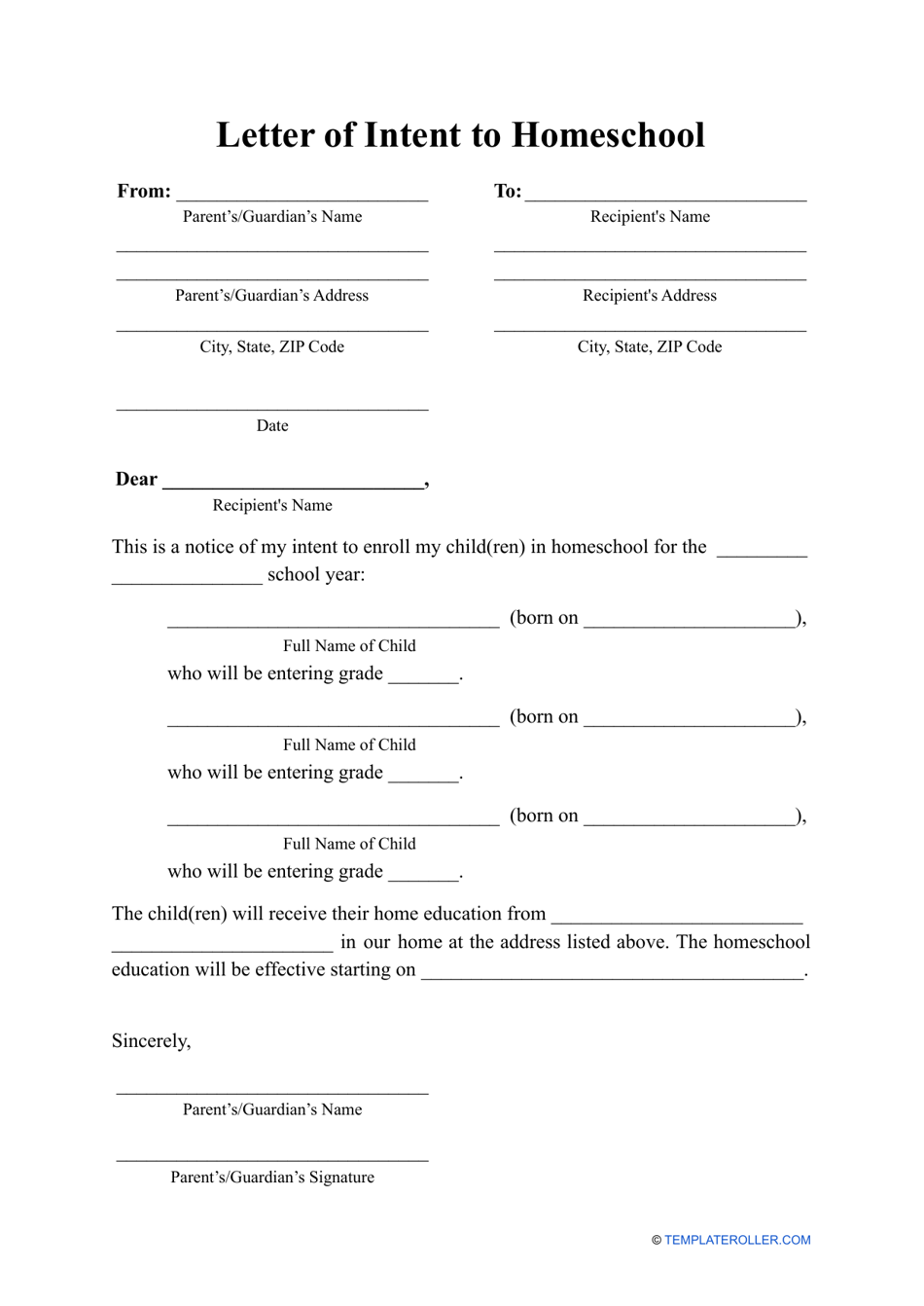 Letter Of Intent To Homeschool Template Download Printable Pdf