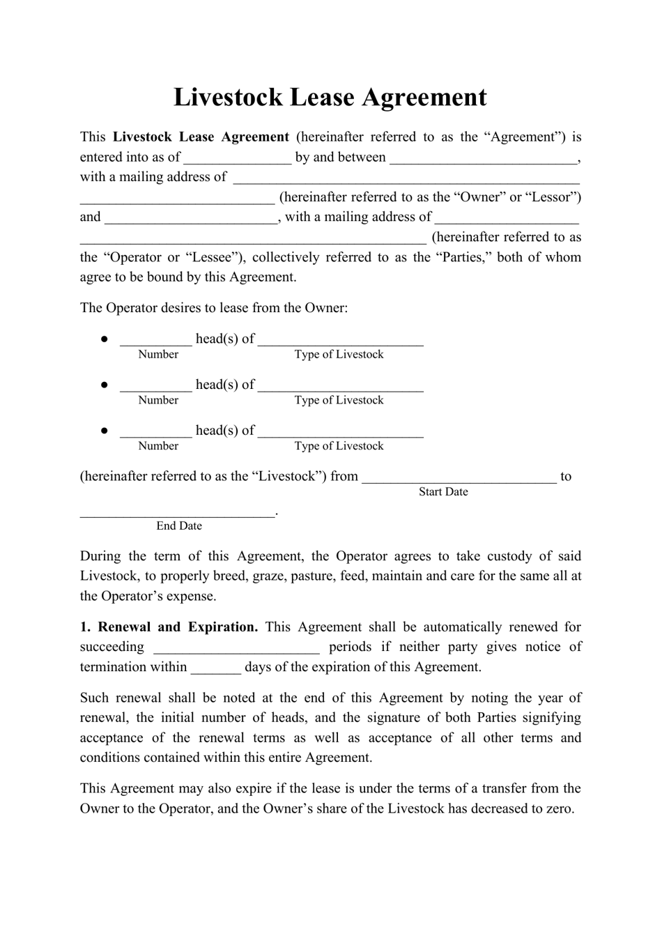 Livestock Lease Agreement Template - Fill Out, Sign Online and Download ... Livestock Lease Agreement Template - Fill Out, Sign Online and Download ...