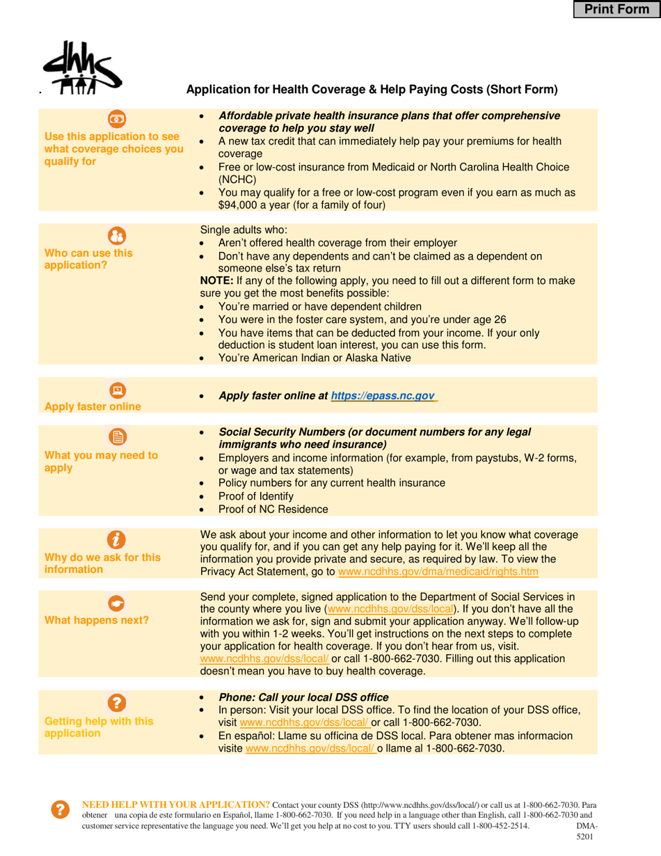 Form DMA-5201 - Fill Out, Sign Online and Download Fillable PDF, North ...