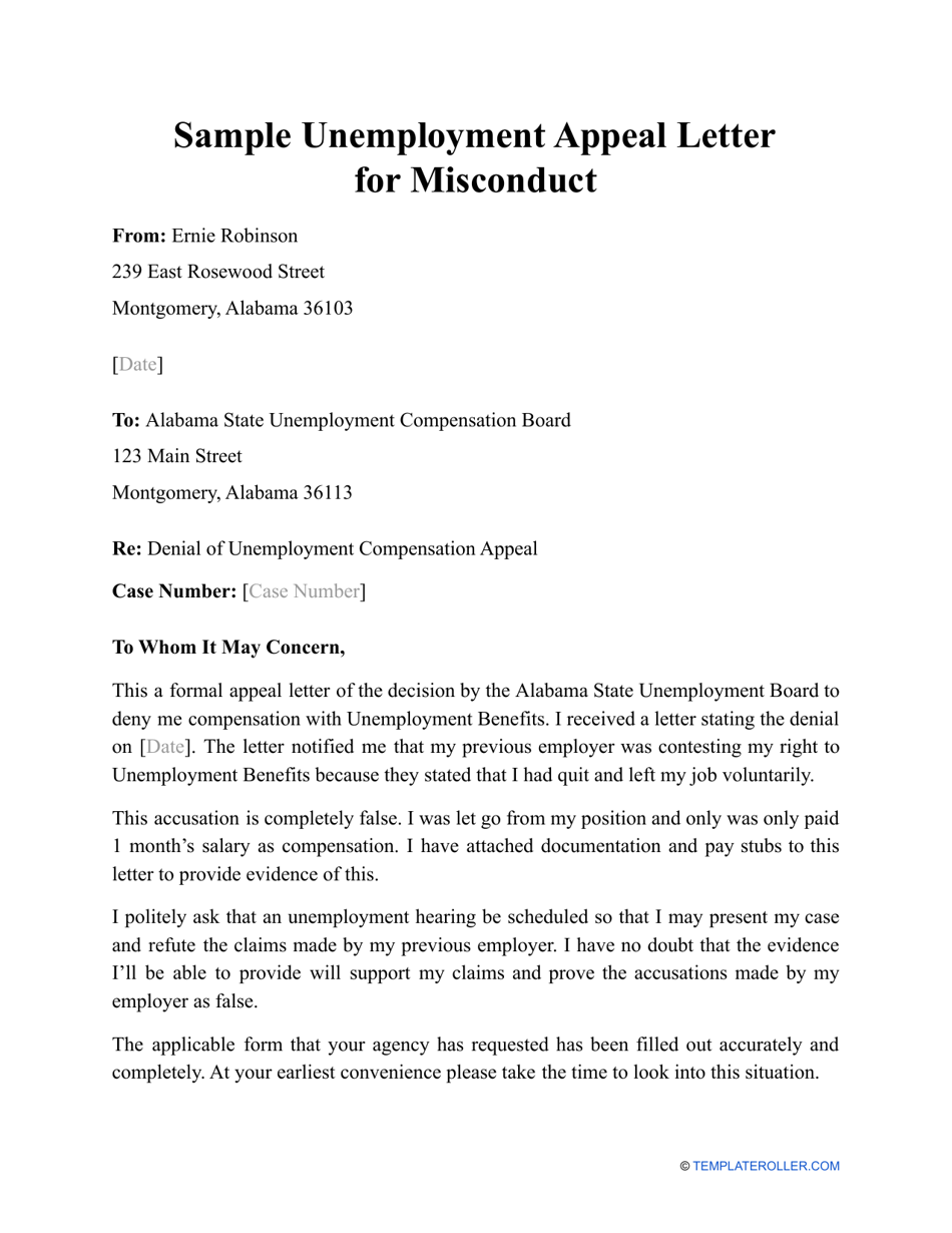 Sample Unemployment Appeal Letter For Misconduct Download Printable PDF 