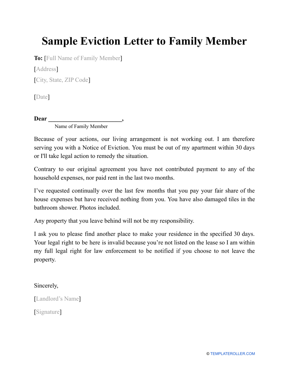 Sample Eviction Letter To Family Member Download Printable PDF Templateroller