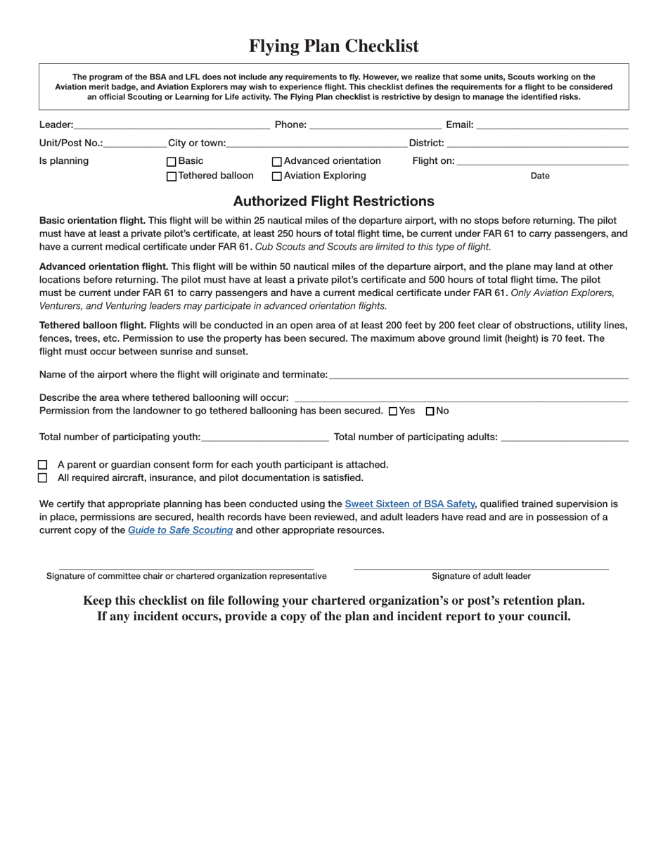 Flying Plan Checklist - Boy Scouts of America Download Fillable PDF ...