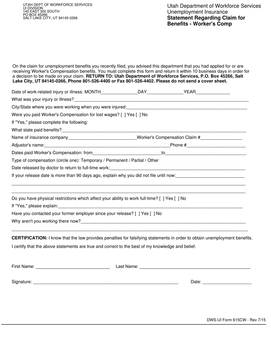 DWS-UI Form 615CW - Fill Out, Sign Online and Download Printable PDF ...