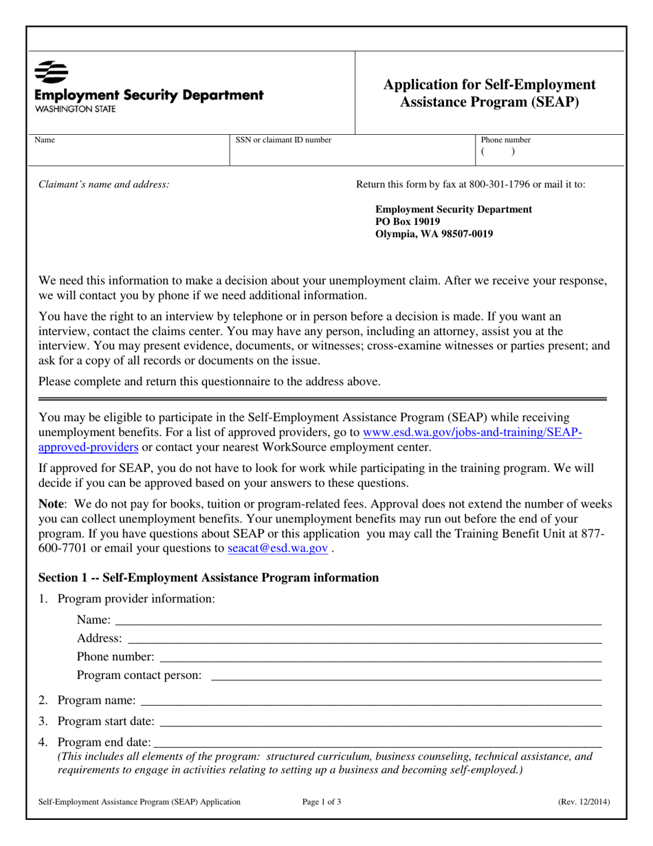 Washington Application for Self-employment Assistance Program (Seap ...