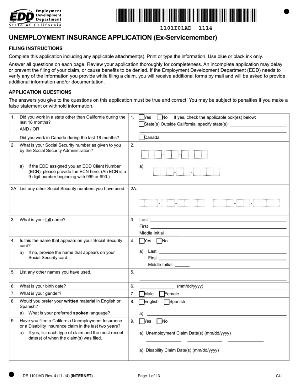 Form DE1101IAD - Fill Out, Sign Online and Download Fillable PDF ...