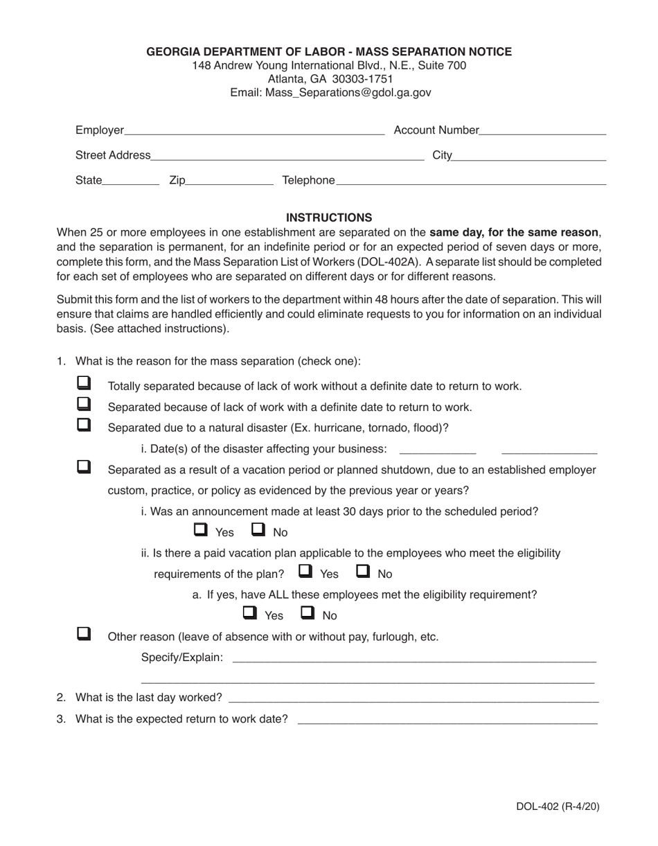 Form DOL 402 Download Fillable PDF Or Fill Online Mass Separation 