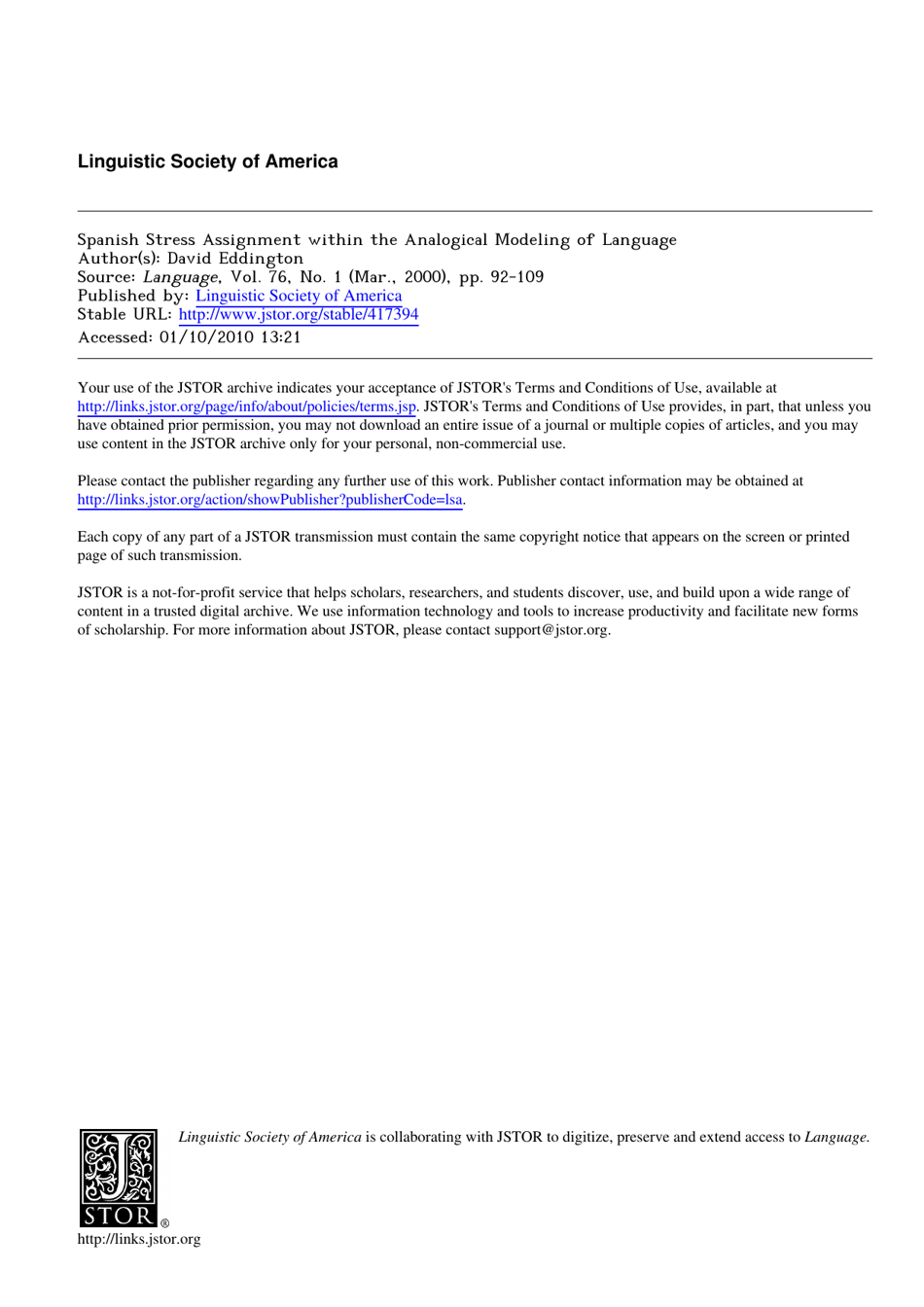 Spanish Stress Assignment Within the Analogical Modeling of Language - David Eddington ...