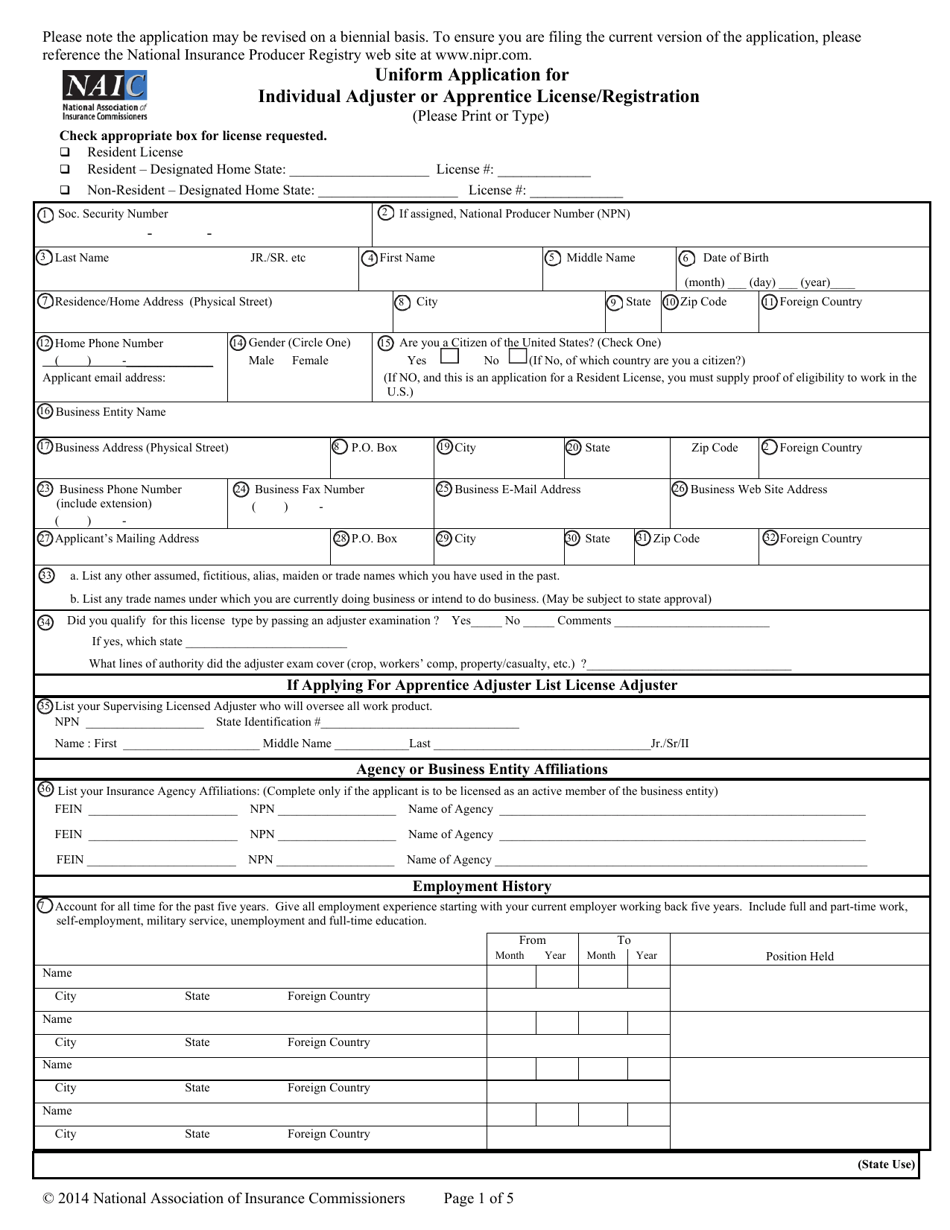 Uniform Application for Individual Adjuster or Apprentice License ...