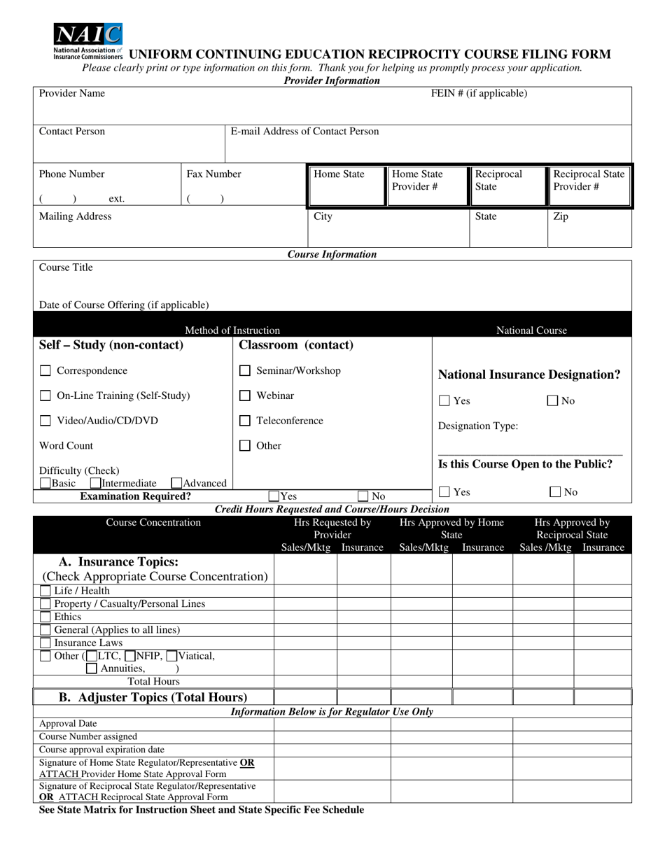 Uniform Continuing Education Reciprocity Course Filing Form - Fill Out ...