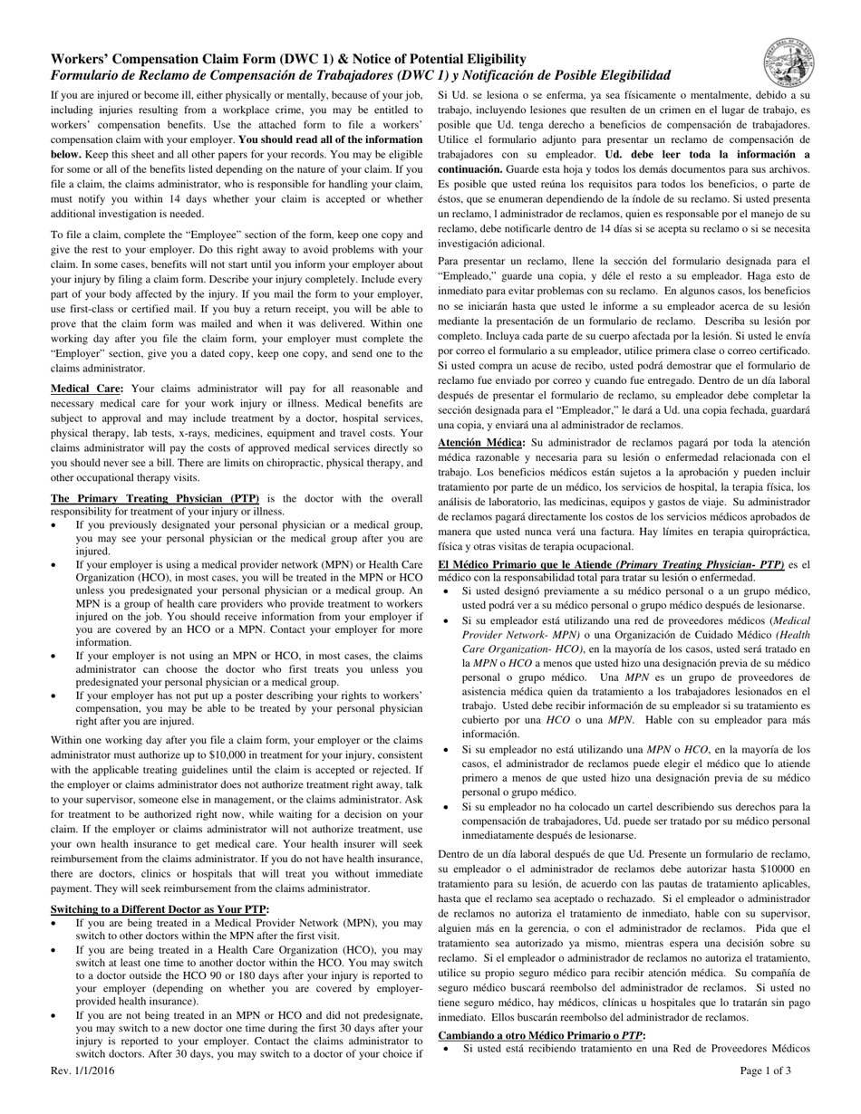 Form DWC1 - Fill Out, Sign Online and Download Fillable PDF, California ...