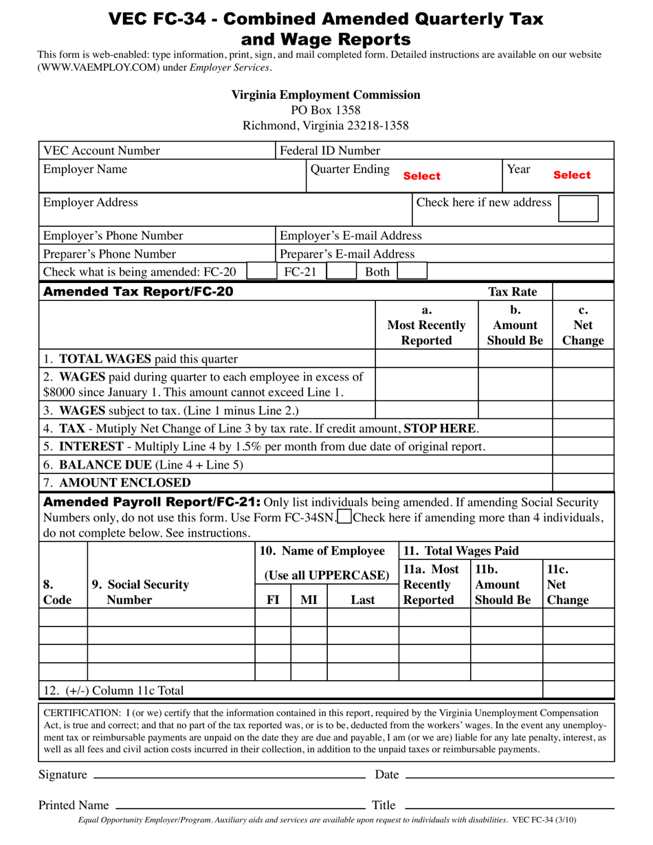 Form VEC FC-34 - Fill Out, Sign Online and Download Fillable PDF, Virginia | Templateroller