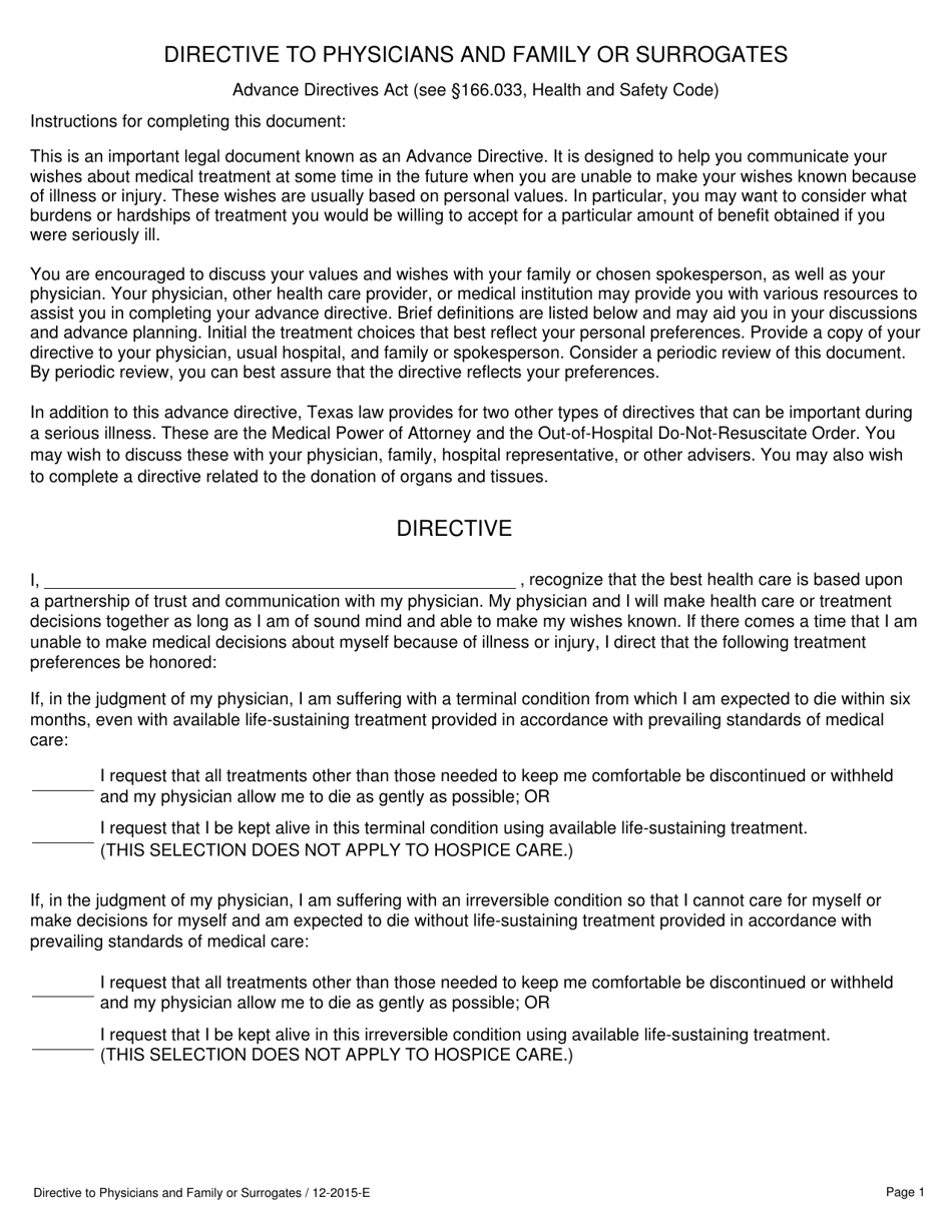 Texas Directive to Physicians and Family or Surrogates - Fill Out, Sign ...