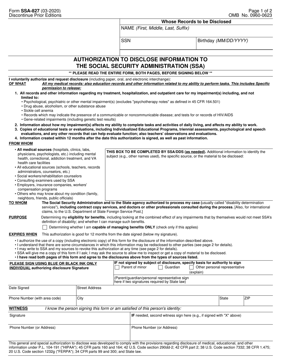 Form SSA 827 Download Fillable PDF Or Fill Online Authorization To 