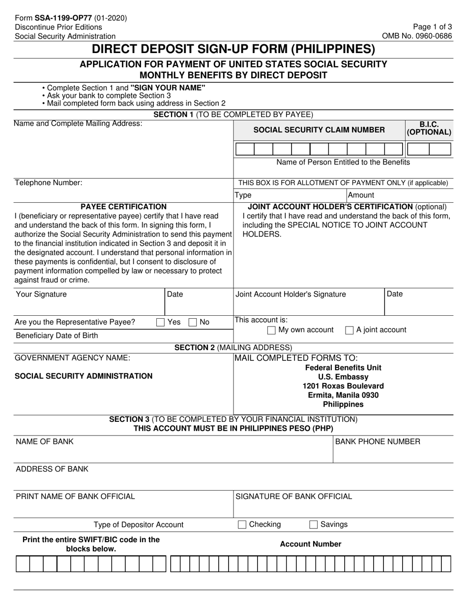 Form SSA-1199-OP77 Download Fillable PDF or Fill Online Direct Deposit ...