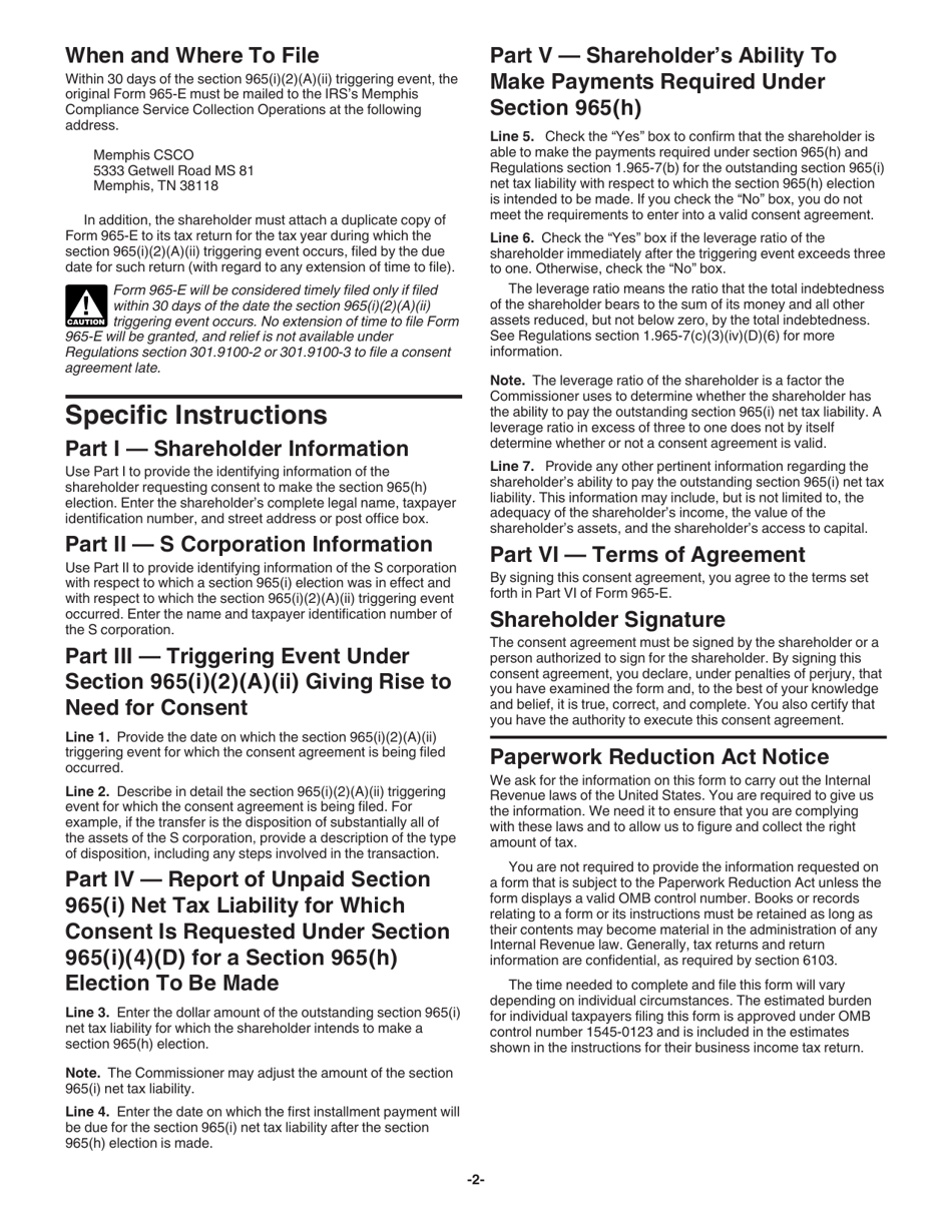 Download Instructions For IRS Form 965 E Consent Agreement Under